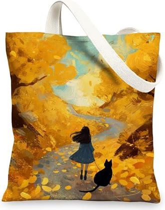 Generic Sacs fourre-tout en toile dautomne, scène de nature artistique, sacs de courses légers et réutilisables, motif chat élégant, lavable à lépaule Str, Ja