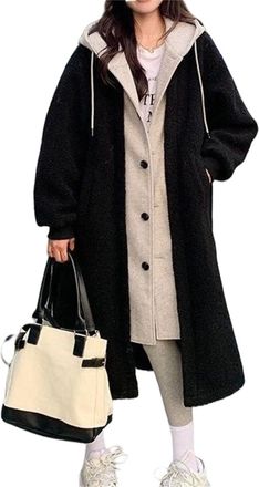 Generic mit Kapuze f&uuml;r Damen, Flauschige Fleecejacke mit Langer Kapuze, Sherpa-Mantel aus Kunstfell (Schwarz,XL)