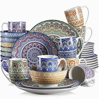 VANCASSO S&eacute;rie Mandala, Service de Table Complet en Porcelaine 32 pi&egrave;ces pour 8 Personnes, Assiette Plate, Assiette &agrave; Dessert, Bols - Style Boh&eacute;mien
