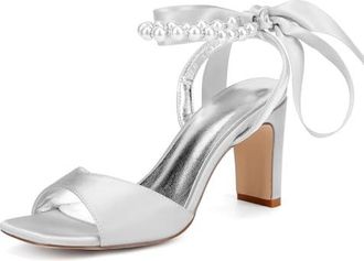Generic Chaussures De Mariage Femmes Bloc Chunky Mariée Talon Heel Ouvert Bout Hauts Sandales Pearls Décontracté Dress Chaussures 8Cm,Argent,43 EU
