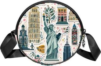 Generic Sac &agrave; bandouli&egrave;re rond pour femme, motif monument, petit sac &agrave; dos &agrave; bandouli&egrave;re avec fermeture &eacute;clair, bretelles r&eacute;glables, sac &agrave; main rond d&eacute;contrac