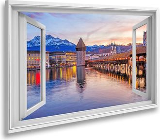 Islandburner Prime Bild auf Leinwand Fensterblick Luzern Schweiz Die h&ouml;lzerne Kapellbr&uuml;ck Bilder Wandbilder Poster