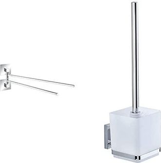 WENKO Turbo-Loc Edelstahl Handtuchhalter 2 Arme Quadro - Befestigen ohne Bohren, 6.5 x 14.5 x 40 cm & Vacuum-Loc WC-Garnitur Quadro Edelstahl - WC-B&uuml;rstenha