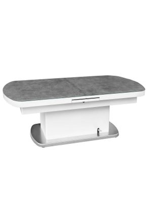 Novel Couchtisch, Grau, Wei&szlig;, Edelstahl, Metall, Glas, Holzwerkstoff, oval, Bodenplatte, 75x51x135-160 cm, ausziehbar, h&ouml;henverstellbar, Wohnzimmer, Wohnzim