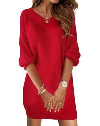 Minetom Femme Col V Robe Pull Dentelle Ample en Maille Long Pullover Tricot Robe De Noël À Manche Longue Robe De Soirée A1 Rouge S