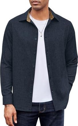 Coofandy Chemise Homme à Manches Longues en Flanelle de Coton et Velours Côtelé Coupe Classique Décontractée Bleu Marine XXL