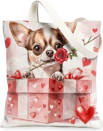 Generic Sac fourre-tout en toile motif chihuahua pour le shopping 33 x 38 cm, cadeau amusant pour la Saint-Valentin, sac d&eacute;picerie r&eacute;utilisable pour femme, mo