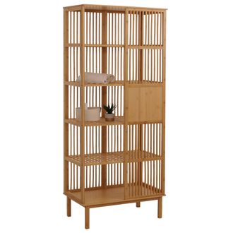 Mendler Bambus Standregal HWC-N81, Badezimmerschrank Badschrank Badregal Kommode, 5 Regalböden Schiebetür FSC 186x80x45cm