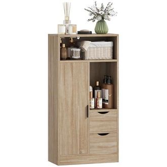 HOMCOM Meuble de salle de bain &eacute;troit avec 2 tiroirs, compartiment ouvert et &eacute;tag&egrave;res r&eacute;glables pour petit espace cuisine salon 50 x 25 x 100 cm Naturel