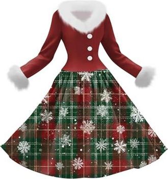 Generic Robes de Noël pour femme UK 2025 élégantes robes de fête dhiver de Noël robes de Noël en fourrure col en V imprimé sapin de Noël robe décontractée rob