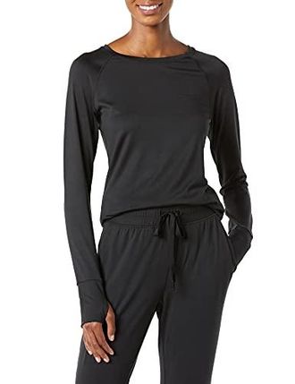 Amazon Essentials Chemise Tech Stretch à manches longues et col rond pour femme (disponible en grande taille), noir, taille S