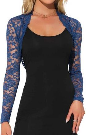 Allegra K Boléro en Dentelle Florale Femme Cardigan Court à Volants pour Robe de Cocktail Gilet Transparent Manches Longues Veste en Maille Bleu XS