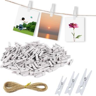 XFentech 150 St&uuml;ck Mini Wei&szlig;e Holzklammern - 2.5/3/3.5cm Mini W&auml;scheklammern Holzklammern Klein DIY Deko Holzklammern Fotoklammern mit 10M Jute String F&uuml;r Foto