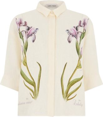 Alberta Ferretti Femme, Blouses et Chemises, Blanc, Taille: 34 FR Chemise &agrave; Manches Courtes en Lin avec Imprim&eacute;