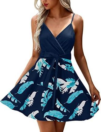 Generic Robe boh&egrave;me &eacute;l&eacute;gante et r&eacute;glable avec col en V sans manches et bretelles spaghetti florales unies pour femme, noir fonc&eacute;, S