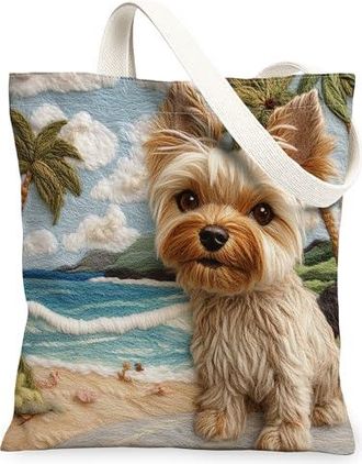 Generic Sac fourre-tout en toile fantaisie Yorkies pour faire du shopping 33 x 38,1 cm, sac &agrave; bandouli&egrave;re r&eacute;utilisable pour femme, peinture danimaux domestiqu