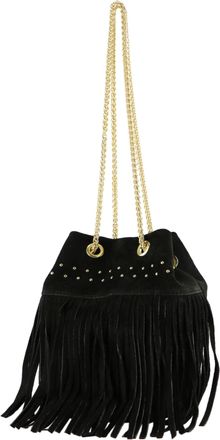 modamoda.de T244 Damen Schultertasche Wildleder mit Fransen und Goldkette handmade in Italy, Farbe:Schwarz