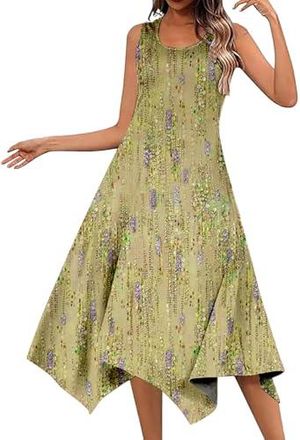 Generic Robes amincissantes d&eacute;contract&eacute;es sans manches pour femmes, robe trap&egrave;ze &agrave; imprim&eacute; floral, col rond, tenue quotidienne, printemps, &eacute;t&eacute;, automne, confo