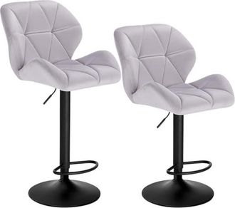Woltu Lot de 2 Tabourets de Bar Réglables en Hauteur, Chaises Hautes pour Bar avec Dossier, Siège Rembouré en Velours et Pied en Métal, Gris Clair