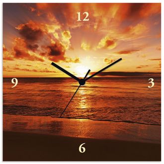 Artland Wanduhr ohne Tickgeräusche Alu Quarzuhr 30x30 cm Quadratisch Lautlos Strand Meer Sonnenuntergang Natur Sonne T5MR