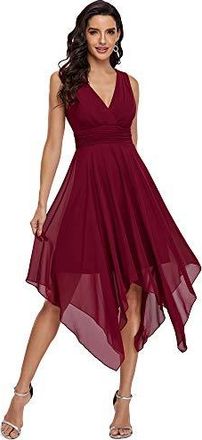 Ever-pretty Robe de Cocktail Longue Femme Asymétrique Col en V en Mousseline de Soie Plissé Classique Bordeaux 38