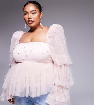 Asos Curve - Top babydoll en tulle avec perles nacrées - Rose-Neutral