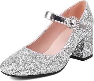Generic Escarpins Mary Jane Paillettes Femme Boucle Strass Talons Carrés Pointe Ronde Stylés Soirée Fête Prom Robe,Argent,38.5 EU