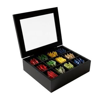 Relaxdays Teebox, 12 F&auml;cher, Bambus, Teebeutel Aufbewahrung, Teekiste mit Sichtfenster, HxBxT: 8 x 28 x 23 cm, schwarz