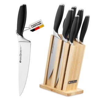 Greta Magnusson-Grossman Toronto Messerblock 7-teilig - K&uuml;chenmesser Set mit schwarzen Griffen - deutsche Edelstahlklingen - Messerhalter aus Gummibaumholz in Beige - rutschfe