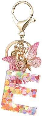 Generic Porte-cl&eacute;s en r&eacute;sine paillet&eacute;e 26 lettres avec papillon pompon porte-cl&eacute;s crochet, E, taille unique