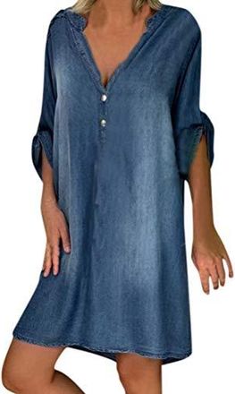 Onsoyours Robe Été Femme De Plage Rétro Denim Robes Col V Au Genou Manches Simple Casual Robe Shirt Simple Mode Casual Tuniques Longue Chemisier en Jean sans Ac