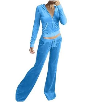 Generic Y2K Surv&ecirc;tement en velours &agrave; manches longues et fermeture &eacute;clair pour femme - Veste courte et pantalon de yoga taille basse - Jambe large, bleu ciel, 