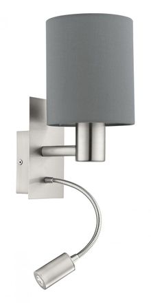 Eglo Wandlampe Bett Pasteri, Textil Wandleuchte Schlafzimmer mit LED Leseleuchte, Leselampe Wandmontage aus Metall in Silber und Stoff in Grau, E27 Fassung