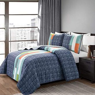 Lush Décor Shelly Stripe Quilt | Modernes geometrisches Muster, wendbar, 3-teiliges Bettwäsche-Set - Full/Queen - Marineblau und Orange
