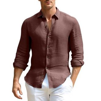 Generic Chemise formelle en lin &agrave; manches longues pour homme - Chemise boutonn&eacute;e en lin - Coupe ajust&eacute;e - Style d&eacute;contract&eacute; - Blanc - Col en V - T-shirt pour 