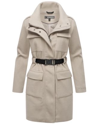 Marikoo Damen lange &Uuml;bergangsjacke Kurzmantel in Woll-Optik mit Tailleng&uuml;rtel Tanokoo 16 Bone Gr. XS