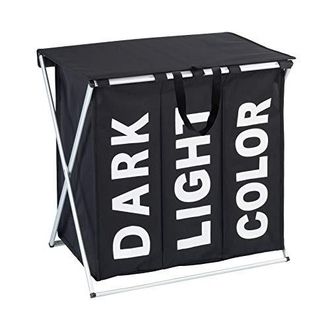 WENKO Wäschesammler Trio Top Schwarz, Stabiler Wäschekorb mit Deckel und Tragegriffen, viel Stauraum mit 118 l und DREI Fächern, (B x H x T): 57 x 57 x 38 c
