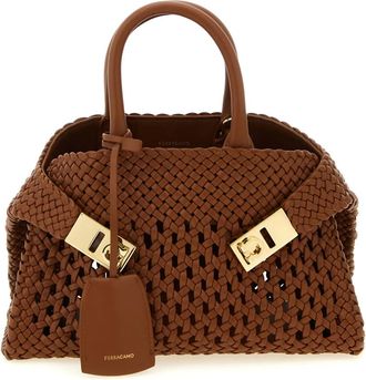 Ferragamo Femme, Sacs, Brun, Taille: ONE Size Hug Mini Sac &agrave; Main Tress&eacute; en Cuir
