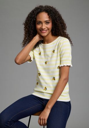 Kangaroos Kurzarmpullover KANGAROOS, Damen, Gr. 36/38, gelb, wei&szlig;, Feinstrick, Obermaterial: 70% Viskose, 30% Polyamid, figurumspielend h&uuml;ftlang, Rundhals, Puff