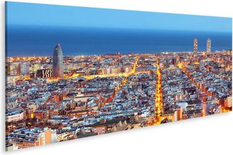 Islandburner Bild auf Leinwand Barcelona Skyline Luftaufnahme Nacht Spanien 120x 40cm - Wandbild Poster Kunstdruck Bilder