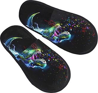 Generic Chaussons Femme Homme Dinosaure Arc-En-Ciel Scintillant Sur Noir Maison Pantoufles Chaude Pantoufles En Peluche Confort Chaussures DInt&eacute;rieur Pour H&ocirc;t