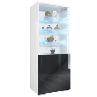 Vladon Vitrine Granada, Made in Germany, Vitrinenschrank mit Glastür und Glaseinsatz inkl. LED, Weiß matt/Schwarz Hochglanz (50 x 122,5 x 34,5 cm)
