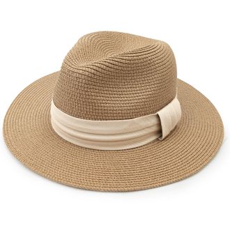 Dreshow Damen Panama Hut Breiter Krempe Stroh Sommer Fedora Strohhut Panama Aufrollen Hut Strand Rollbar UV Sonnenhut UPF 50 +