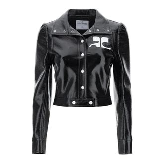 Courr&egrave;ges Femme, Vestes, Noir, Taille: 36 FR Veste en coton enduit froiss&eacute; avec d&eacute;tail logo