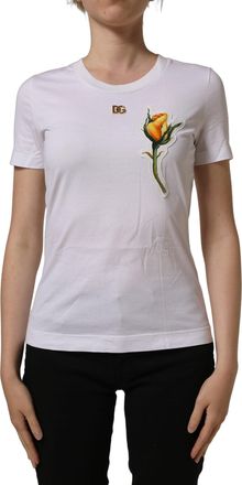 Dolce & Gabbana Womens White Cotton Rose Patch Crew Neck T-Shirt