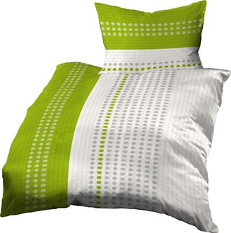 Gerald Wittmann Bettw&auml;sche 140x200 cm + 70x90 cm, Baumwolle Seersucker, Gepunktet Streifen Gr&uuml;n Wei&szlig; Grau
