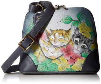 Anuschka Damen Handtasche aus Echtem Leder, Klein, mit Reißverschluss, Mehrere Fächer Handgemaltes Original-Kunstwerk, DREI Kätzchen