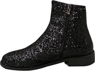 Generic Bottines pour femme avec strass - Large mollet - &Eacute;l&eacute;gantes - Bout rond - Style d&eacute;contract&eacute; - Talon bas &eacute;pais - Fermeture &eacute;clair lat&eacute;rale - Confortable