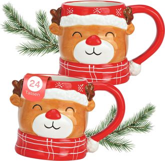 Matches 21 Rentier 3D Weihnachts-Tassen 2er Set bunt in 10 cm, 400 ml - Kaffeetassen für Tee, Kakao & Glühwein