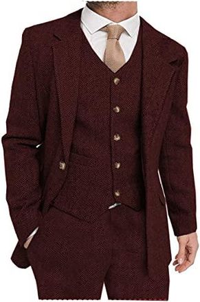 Solovedress Costume pour homme 3 pièces classique en laine tweed pour mariage (blazer + gilet + pantalon), bordeaux, S